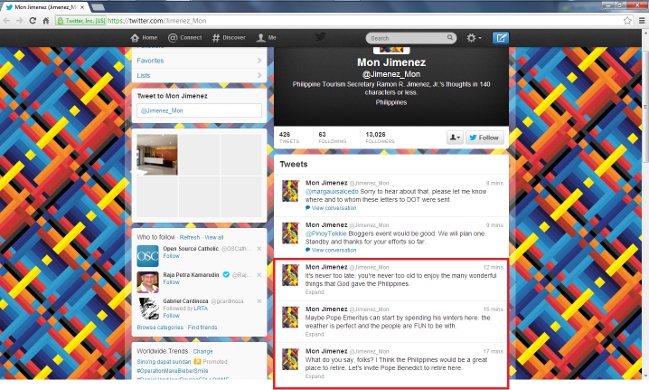 Tourism chief wants former pope to retire in PHL | GMA News Online